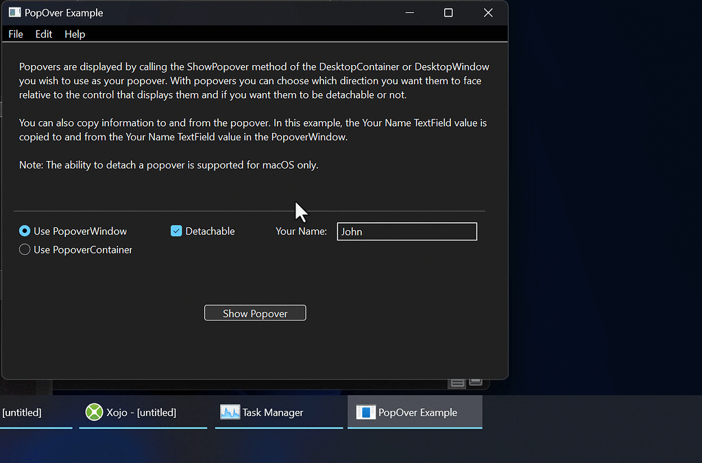 Popover creates "Untitled" taskbar item - Windows - Xojo Programming Forum